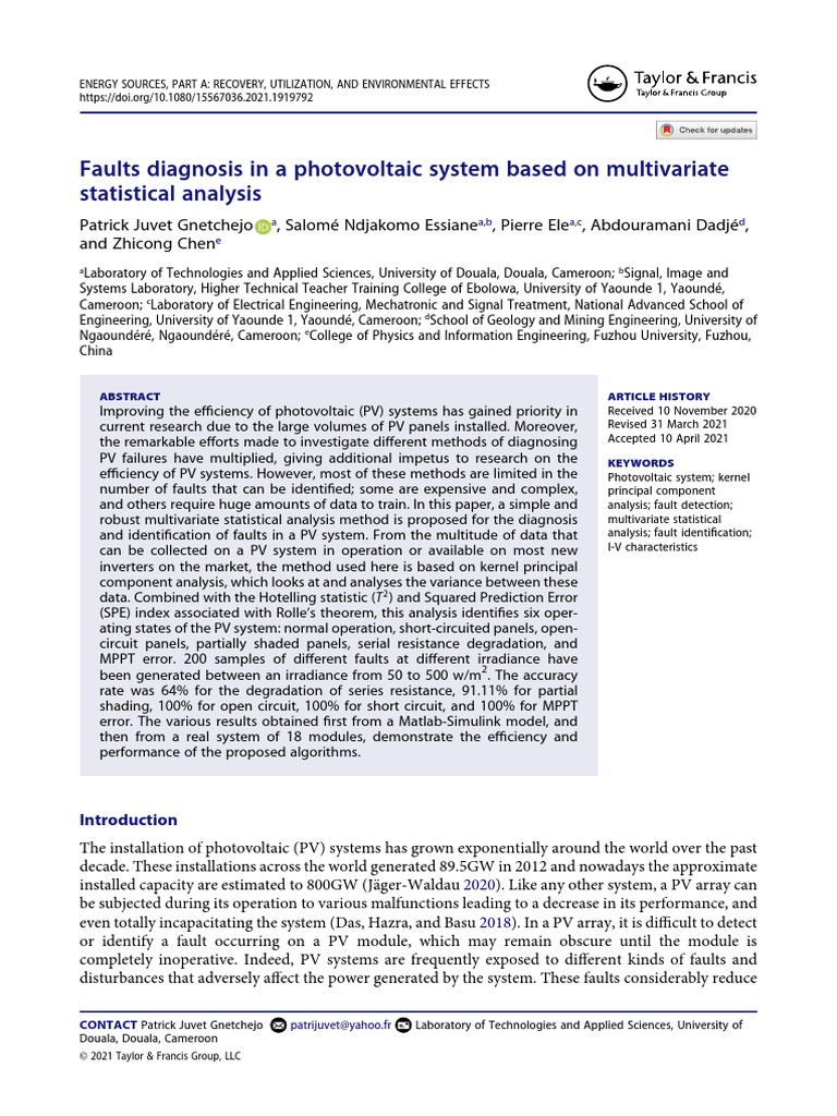 Faults Diagnosis In A Photovoltaic System Based On Multivariate Statistical Analysis Download