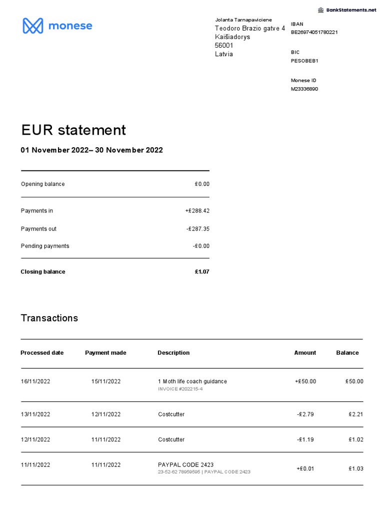 EUR Statement: Transactions | PDF | Pay Pal | Financial Services