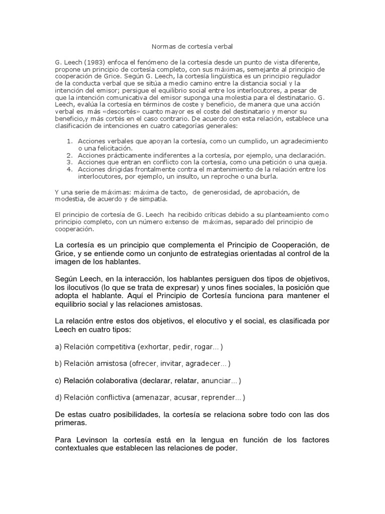 Normas de cortesía verbal según Leech | PDF | Comportamiento | Teoría