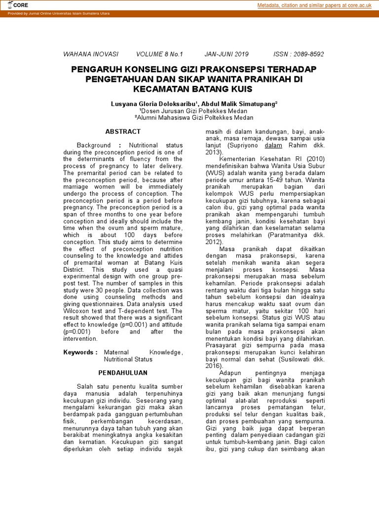 Pengaruh Konseling Gizi Prakonsepsi Terhadap Pengetahuan Dan Sikap Wanita Pranikah Di Kecamatan ...