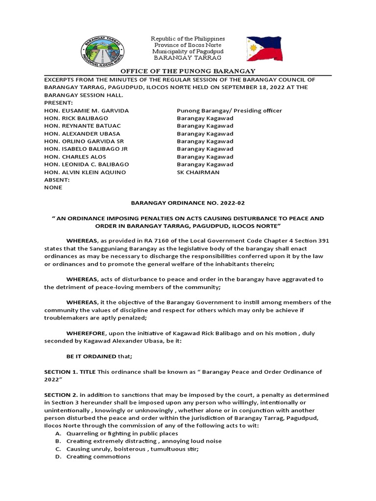 Barangay Peace and Order Ordinance 2022 | PDF | Government | Public Law