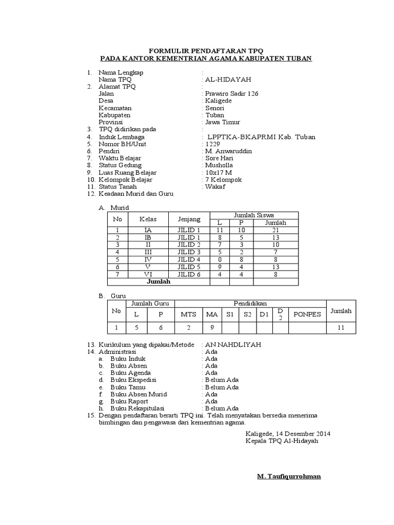 Formulir TPQ Daftar Ke Depag | PDF