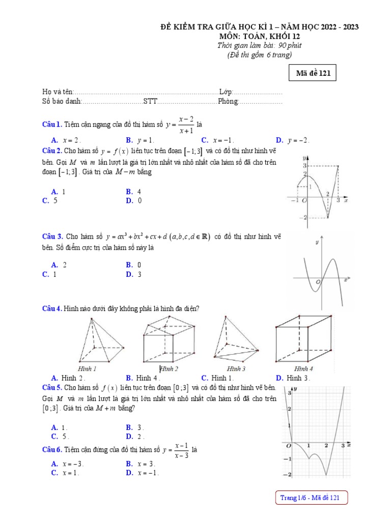 De Giua Hoc Ki 1 Toan 12 Nam 2022 2023 Truong THPT Yen Vien Ha Noi | PDF