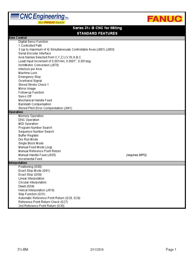 Fanuc 31i-BM Standard Features and Options | PDF | Numerical Control ...