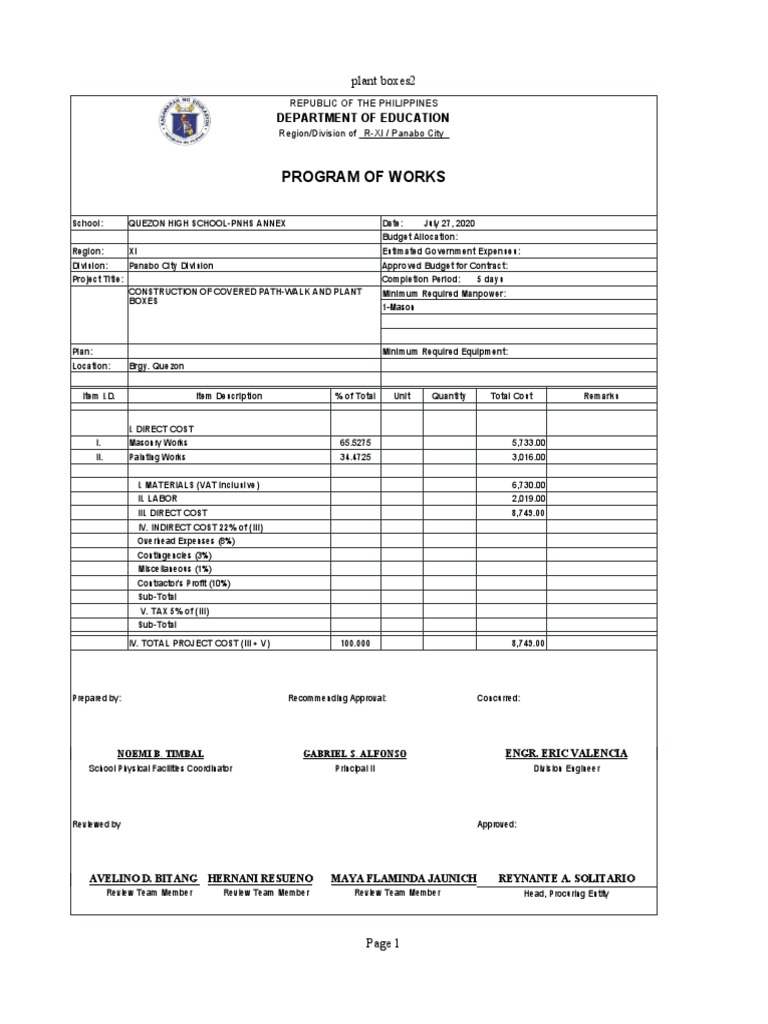 Program of Works: Plant Boxes2 | PDF