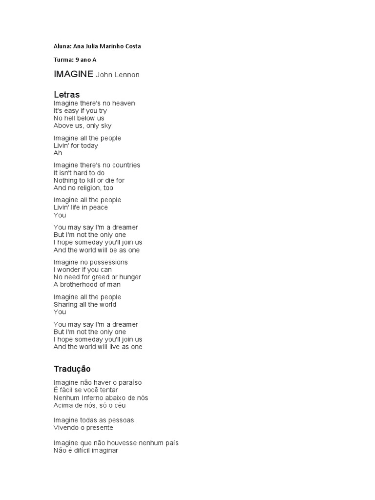 Letra e Tradução de "Imagine" | PDF | Poesia