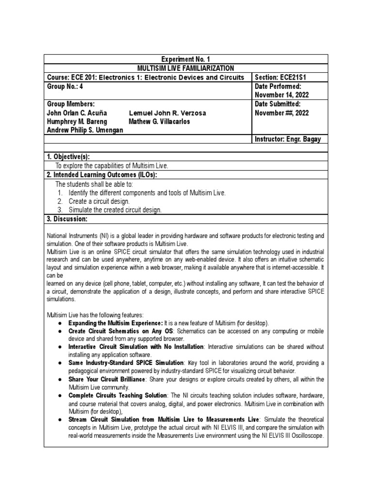 Group 4 Laboratory Experiment 1 Multisim Live Familiarization | PDF | Simulation | Spice