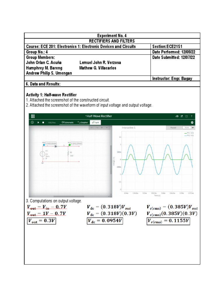 Group 4 Laboratory Experiment 4 Rectifiers and Filters | PDF | Rectifier | Power Supply