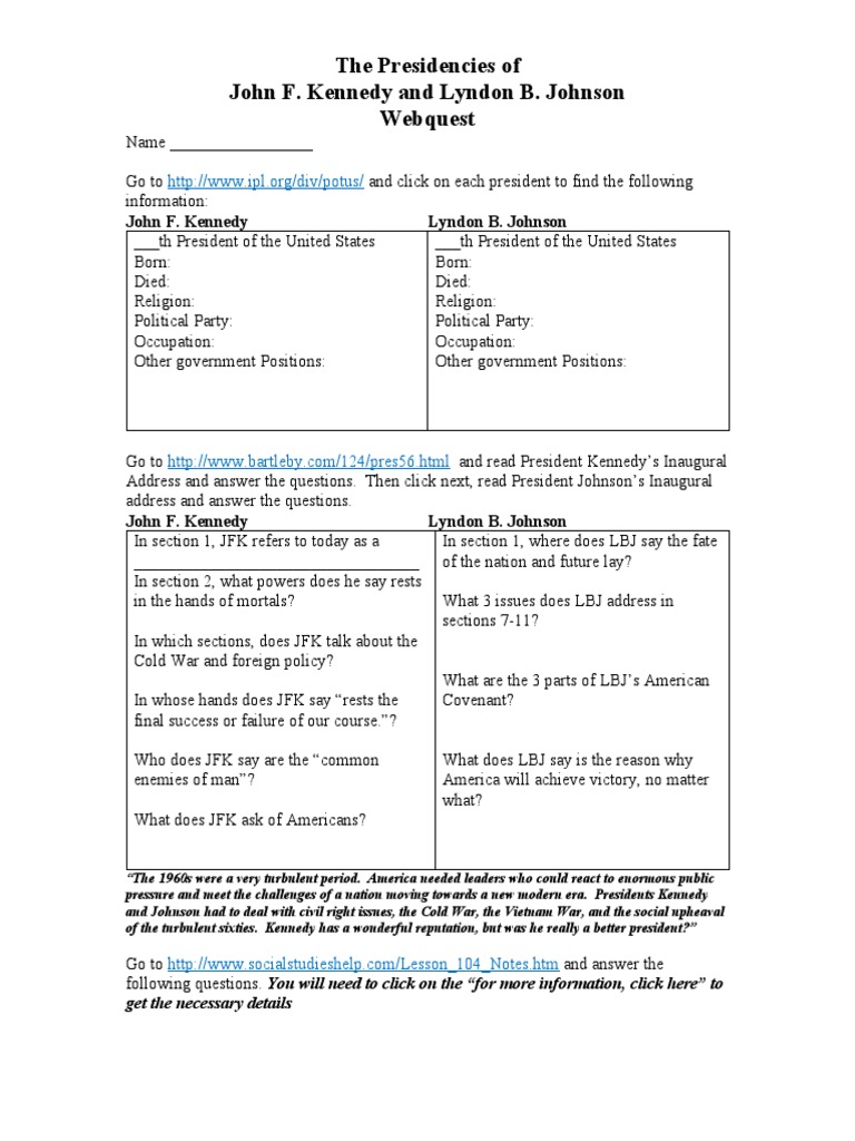 JFK and LBJ Webquest | Download Free PDF | Lyndon B. Johnson | John F ...