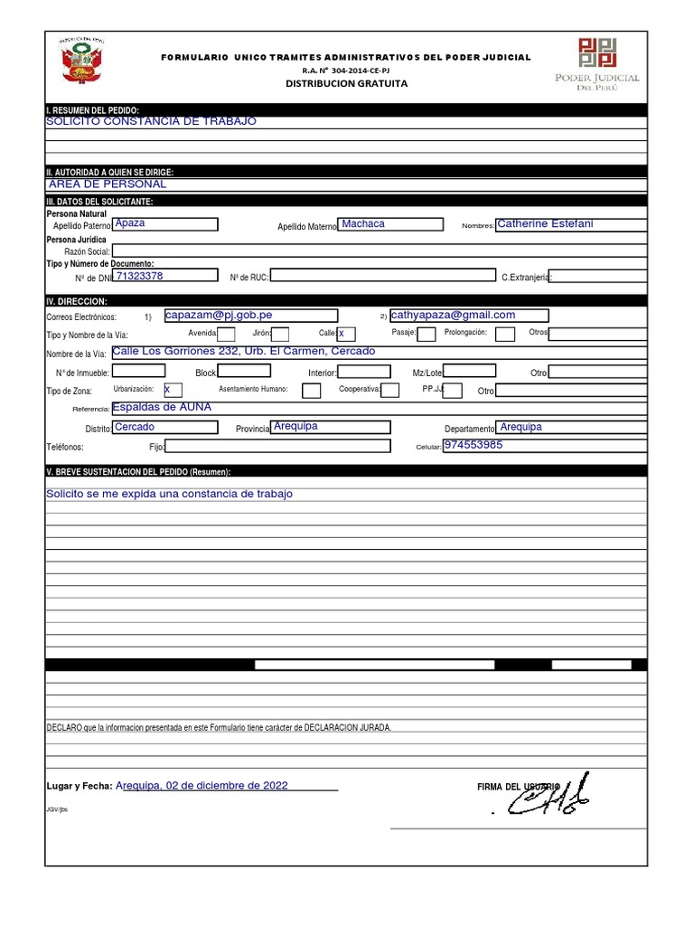 FUT DESCANSO Solicito Constancia de Trabajo | PDF