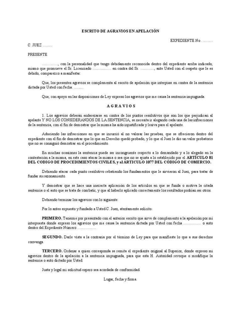 Escrito de Agravios en Apelación | PDF | Apelación | Sentencia (ley)
