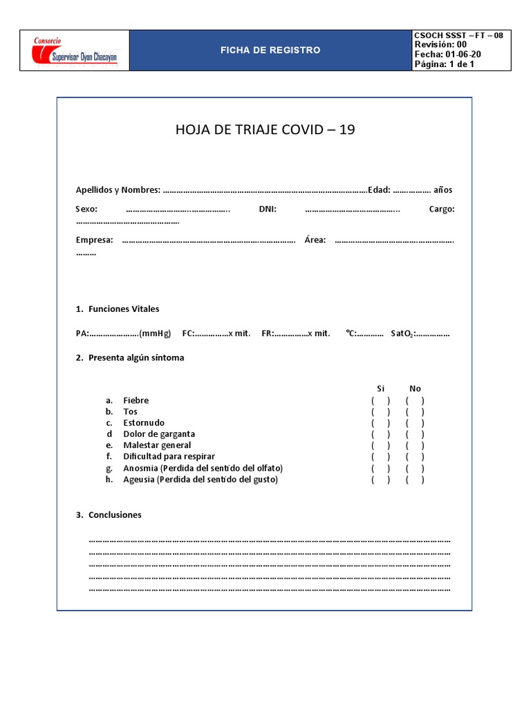 Triage form for screening COVID-19 symptoms and vital signs | PDF