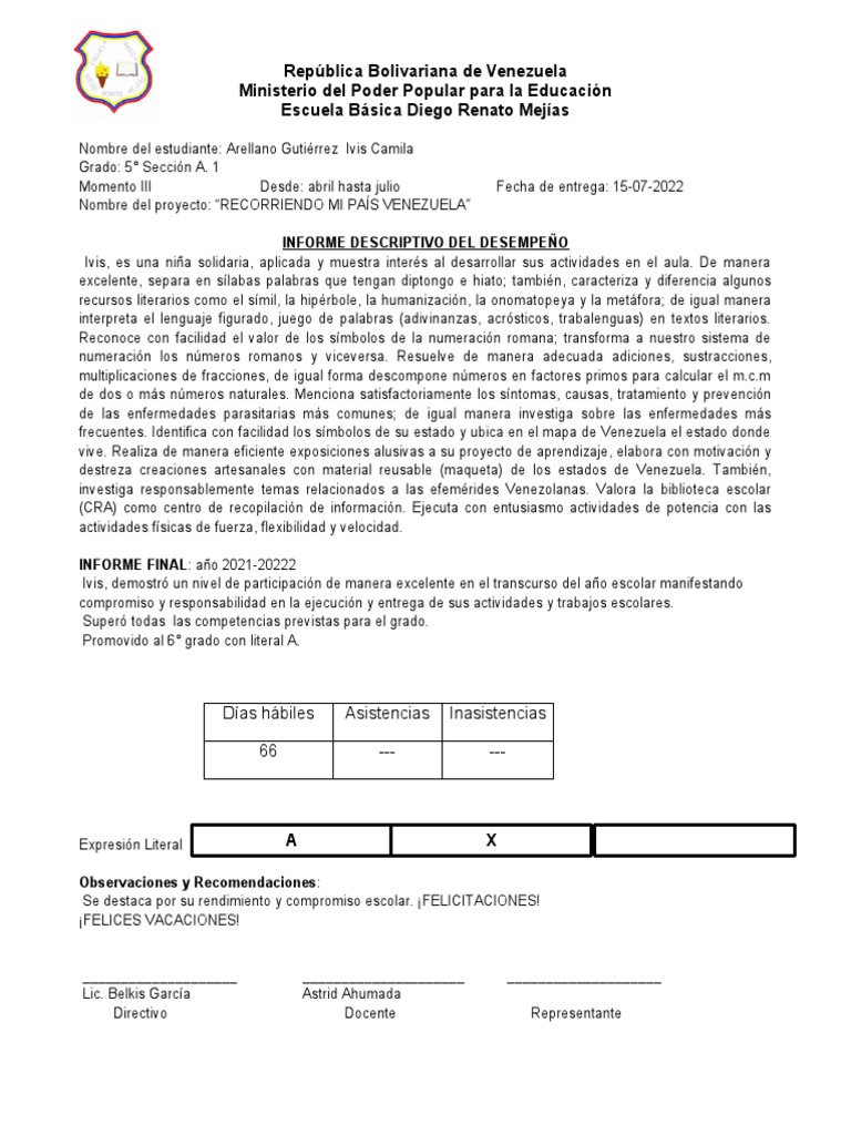 Boletas 5º Grado 2021-2022 | PDF | Venezuela | Aprendizaje