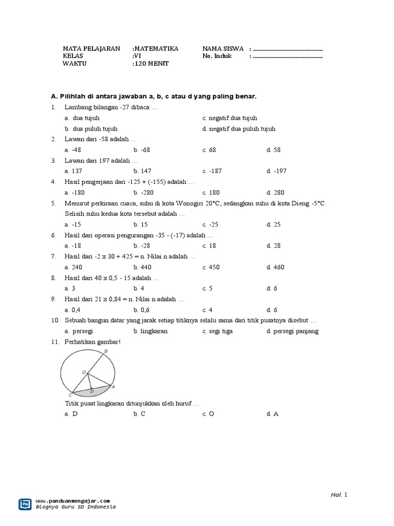 Soal PAS Matematika Kelas 6 Semester 1 Tahun 2021-2022 | PDF
