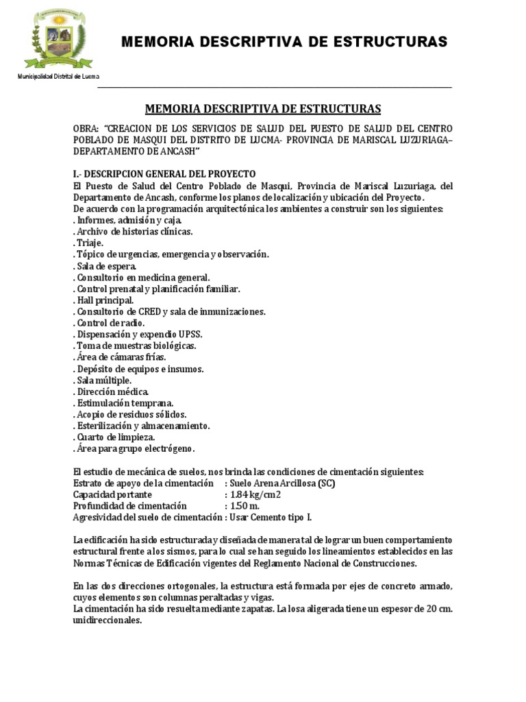 4.2 Memoria Descriptiva de Estructuras | PDF | Fundación (Ingeniería) | Hormigón