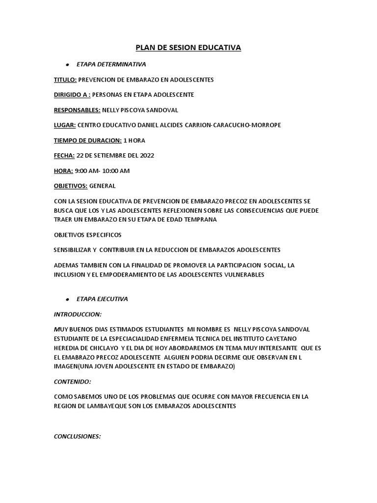 Plan de Sesion Educativa | PDF