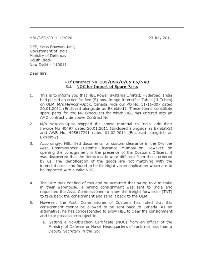 Letter To DEE Regarding NOC For Clearance of Wrong Consignment | PDF ...