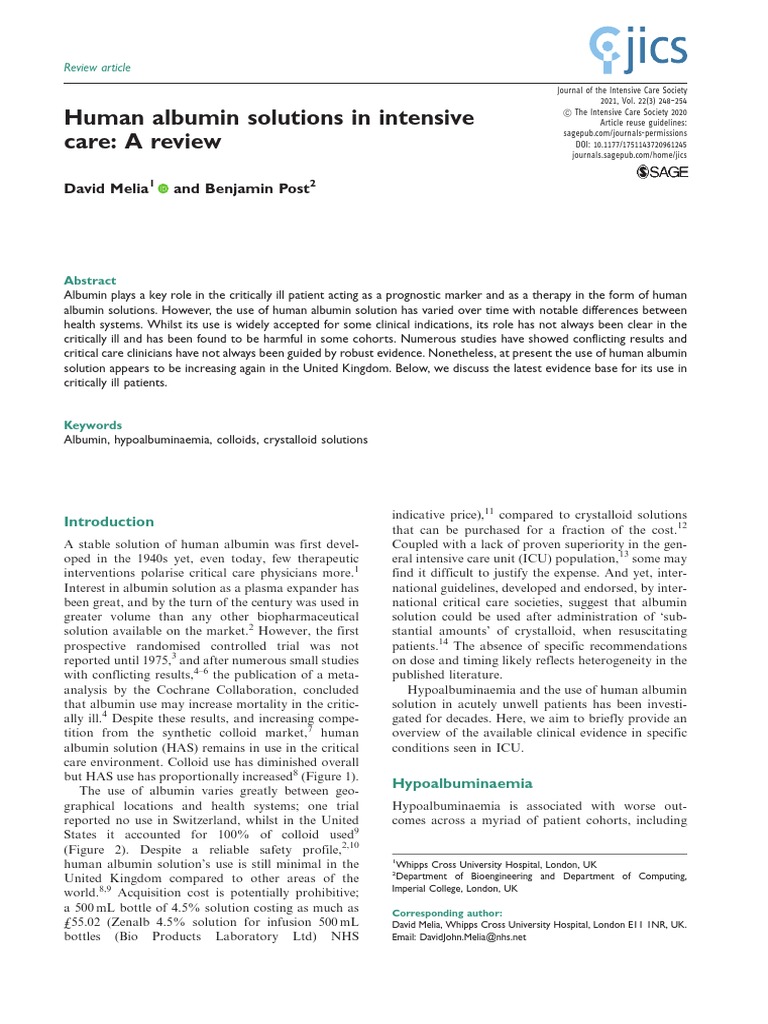 Human Albumin Solutions in Intensive Care A Review | PDF | Sepsis ...