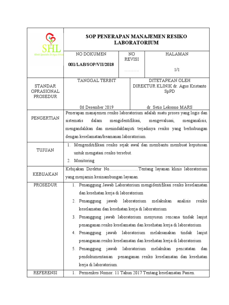 Sop Penerapan Manajemen Resiko Laboratorium | PDF