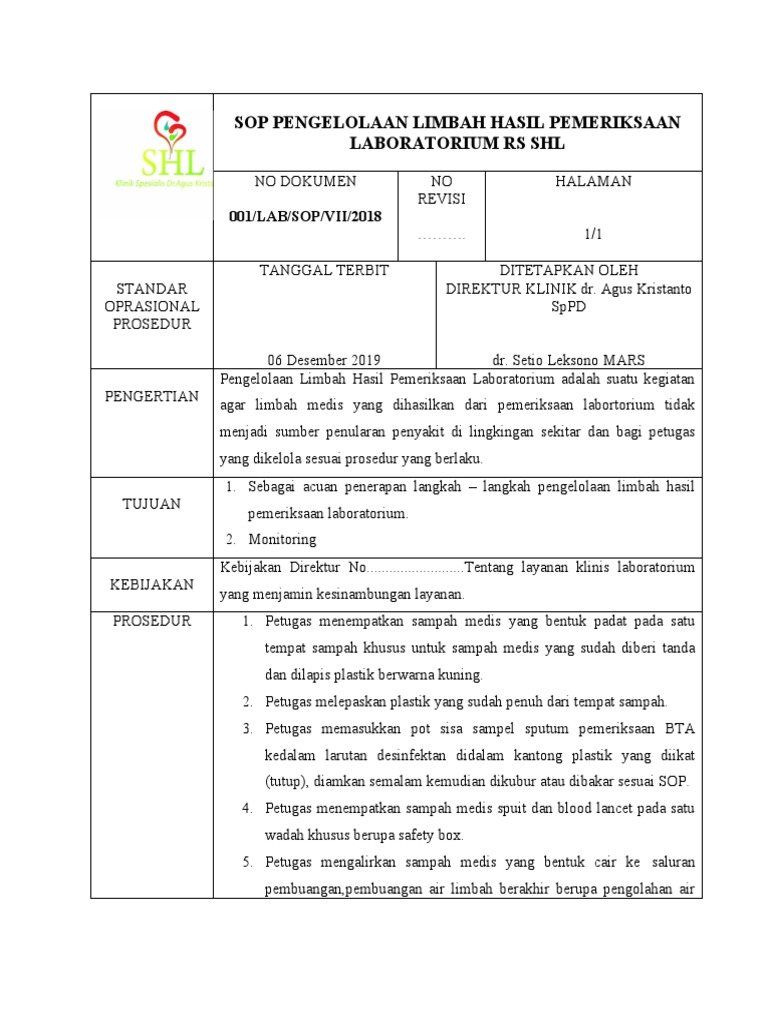 Sop Pengelolaan Limbah Hasil Pemeriksaan Laboratorium Rs SHL | PDF