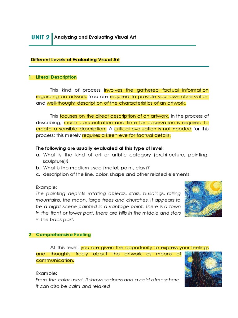 UNIT 2 - Analyzing and Evaluating Visual Art | PDF | Paintings | Color