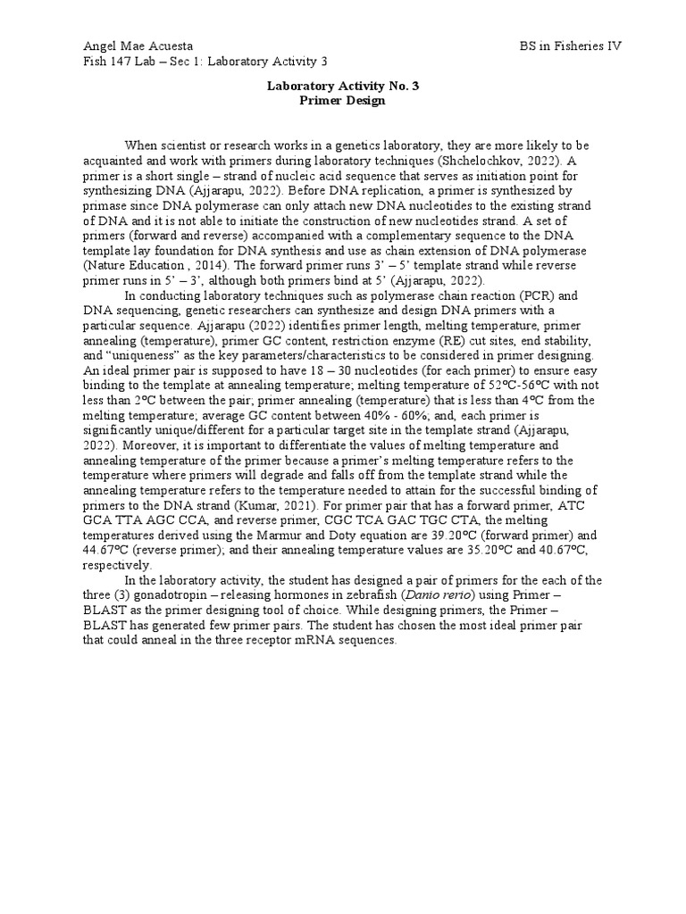 Lab Act 3 | PDF | Primer (Molecular Biology) | Nucleic Acid Thermodynamics