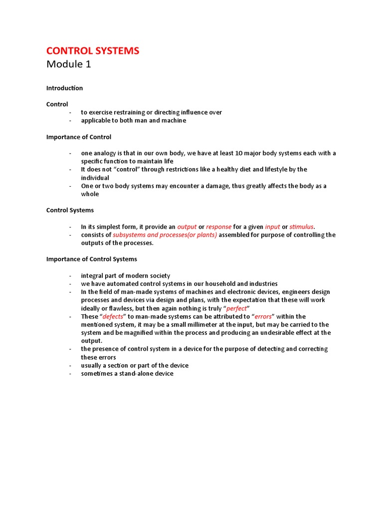 Module 1 and 2 Reviewer | PDF | Control System | Control Theory