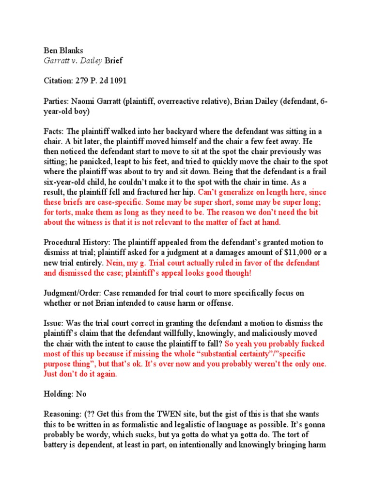 Garratt v. Dailey (1955) Case Brief | PDF | Justice | Crime & Violence