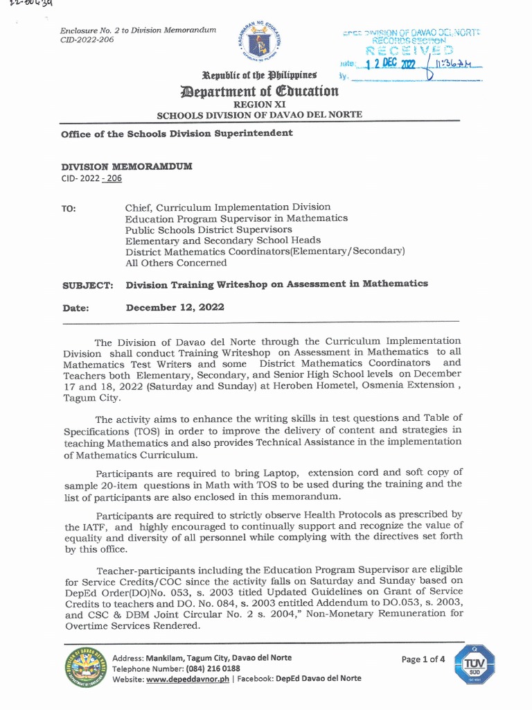 DM Cid 2022 206 Division Training Writeshop On Assessment in ...