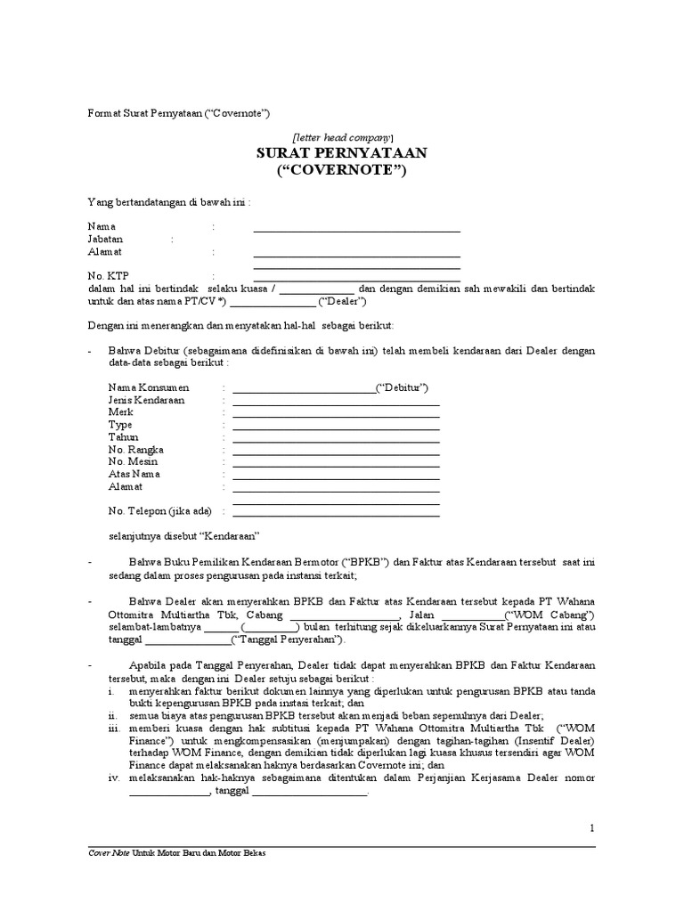 Format Covernote untuk Dealer Kendaraan | PDF