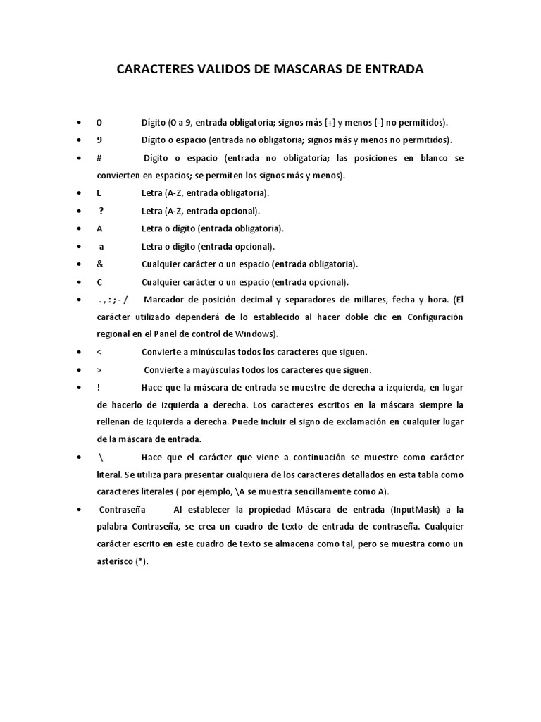 Caracteres Válidos en Máscaras de Entrada | PDF | Comunicación escrita ...