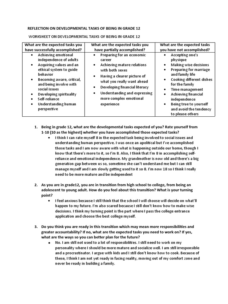 Reflection On Developmental Tasks of Being in Grade 12 | PDF | Developmental Psychology | Cognition