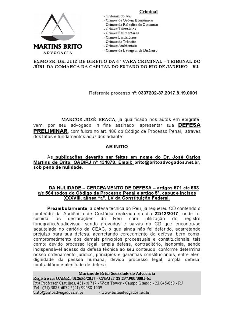 Defesa Preliminar Modelo | PDF | Procedimento criminal | Direito Comum