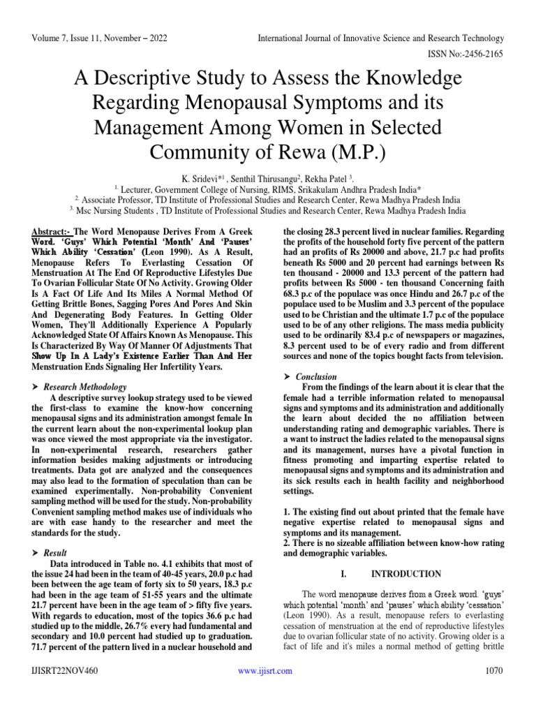 A Descriptive Study To Assess The Knowledge Regarding Menopausal Symptoms and Its Management ...