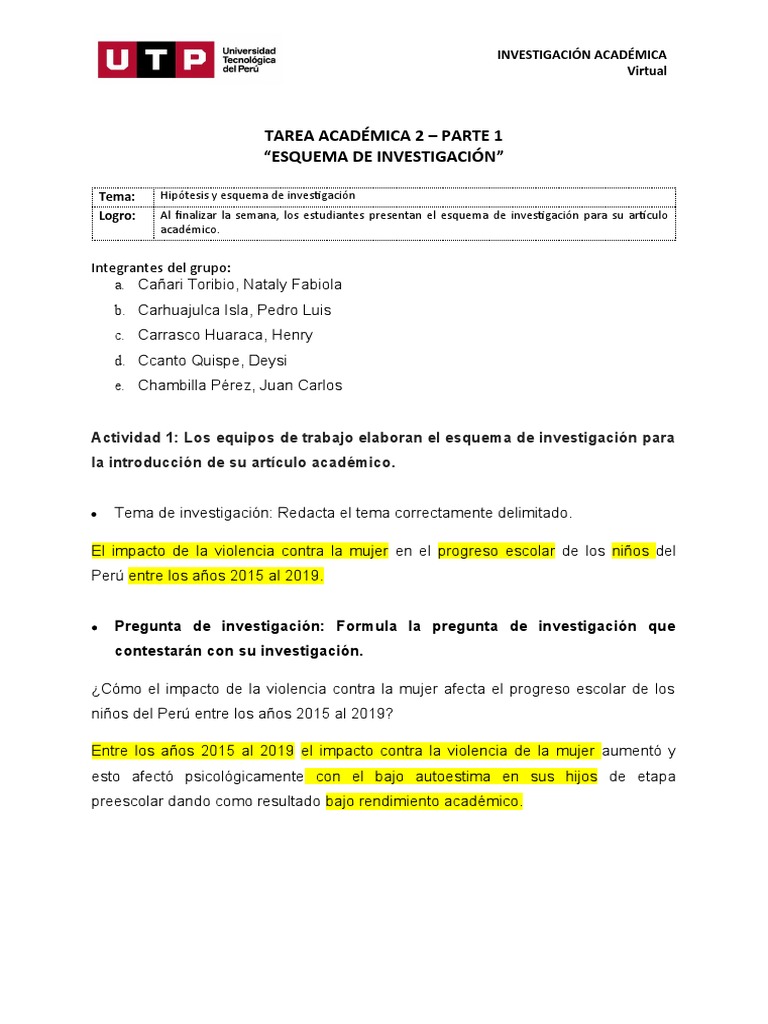 Tarea Academica 2 Parte 1 Esquema de Investigación Grupo 3 | PDF | La violencia contra las ...