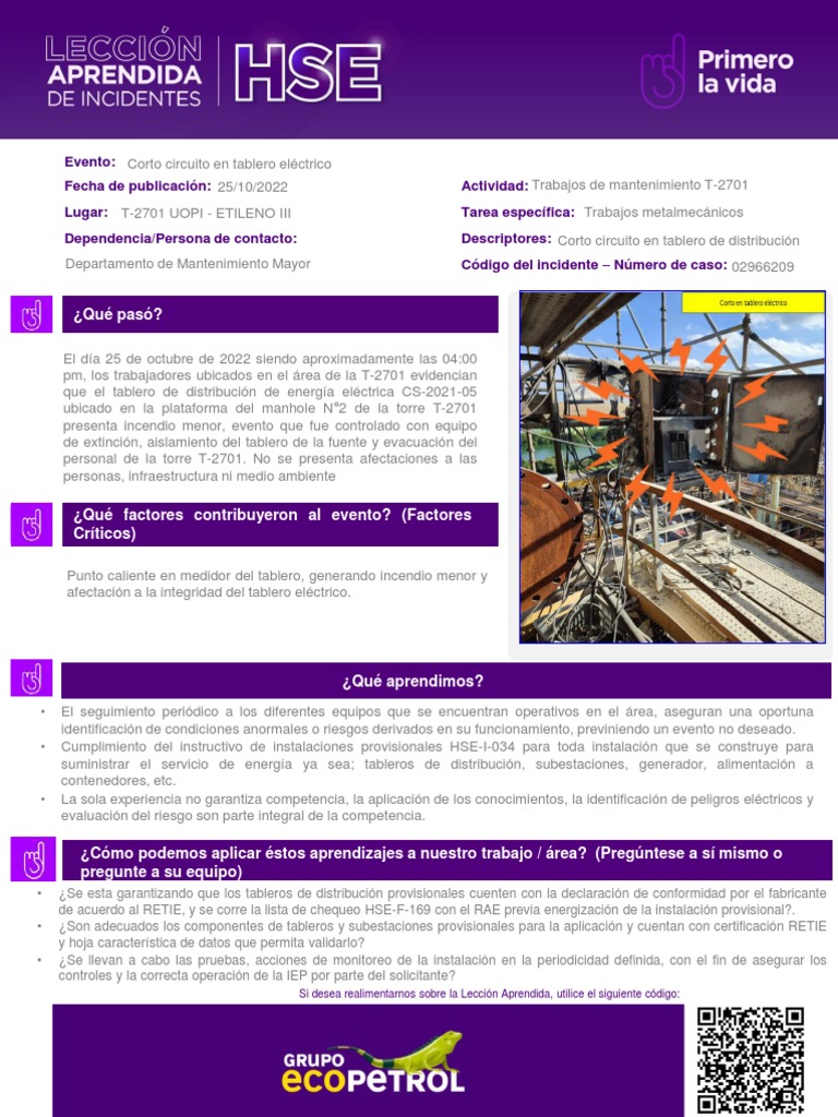 Lección Aprendida Corto Circuito en Tablero Eléctrico (GRB) | PDF