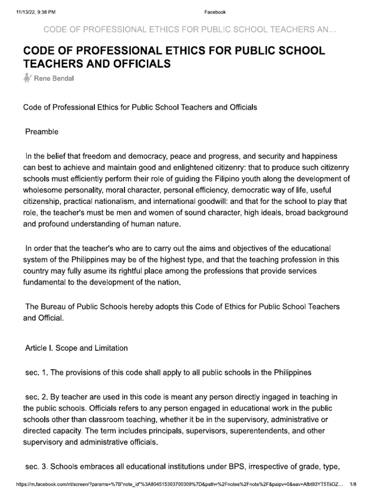 Code of Professional Ethics For Public School Teachers and Officials | PDF