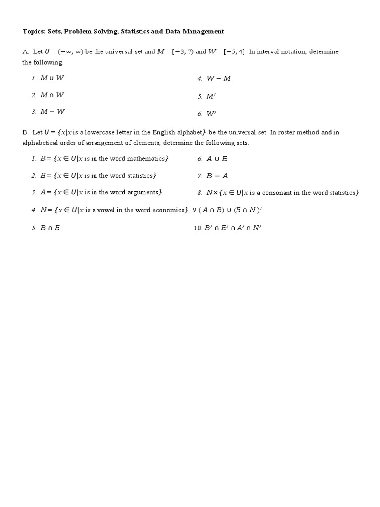 Topics: Sets, Problem Solving, Statistics and Data Management | PDF | Linguistics | Mathematics