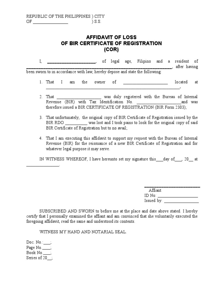 Affidavit Loss BIR Registration Certificate | PDF