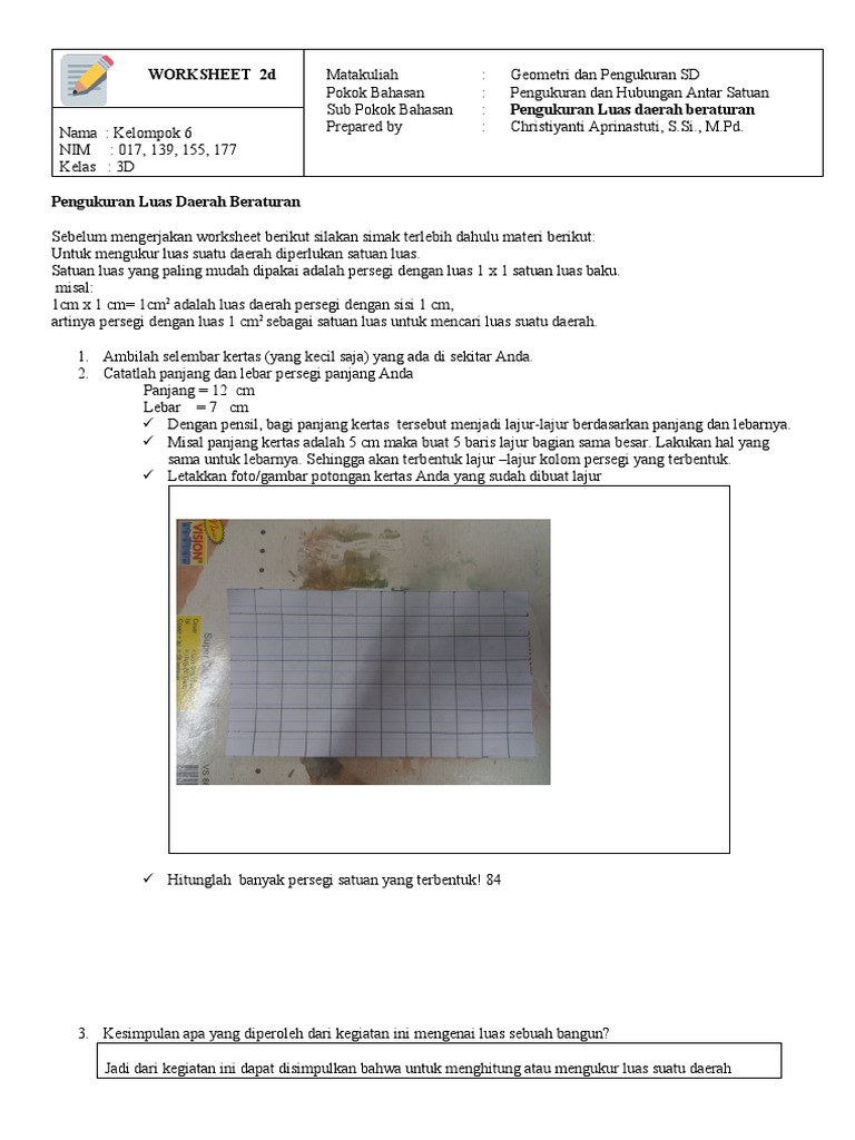 Worksheet - 2d - Pengukuran Luas Daerah Beraturan | PDF