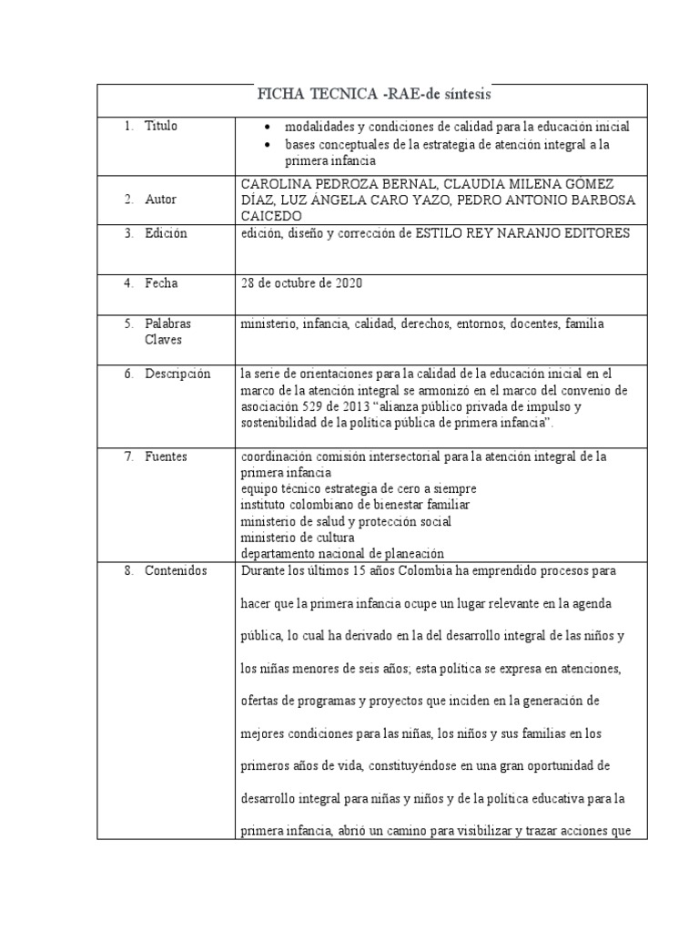 Ficha Tecnica - Rae | PDF | Educación de la primera infancia | Gestión ...