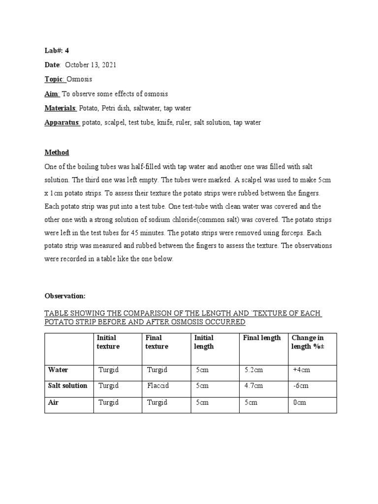 Osmosis Lab 4 | PDF | Osmosis | Physical Sciences