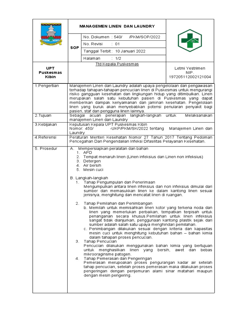 Sop Managemen Linen Dan Laundry 2022 | PDF