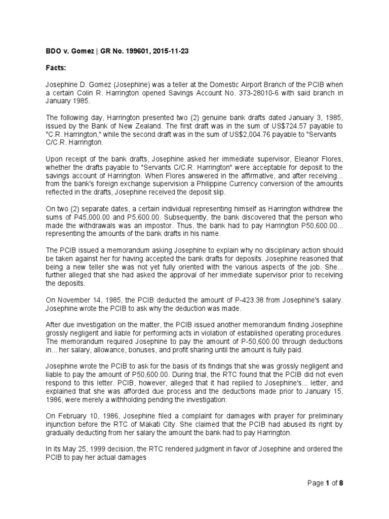 LAW 3100 - Persons & Family Relations - JD 55. G.R. No. 199601 - BDO vs. Gomez - Case Digest ...