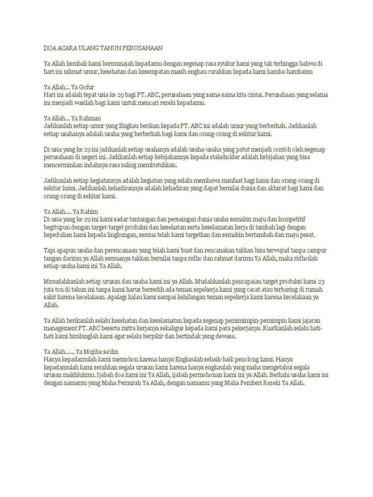 Doa Acara Ulang Tahun Perusahaan | PDF