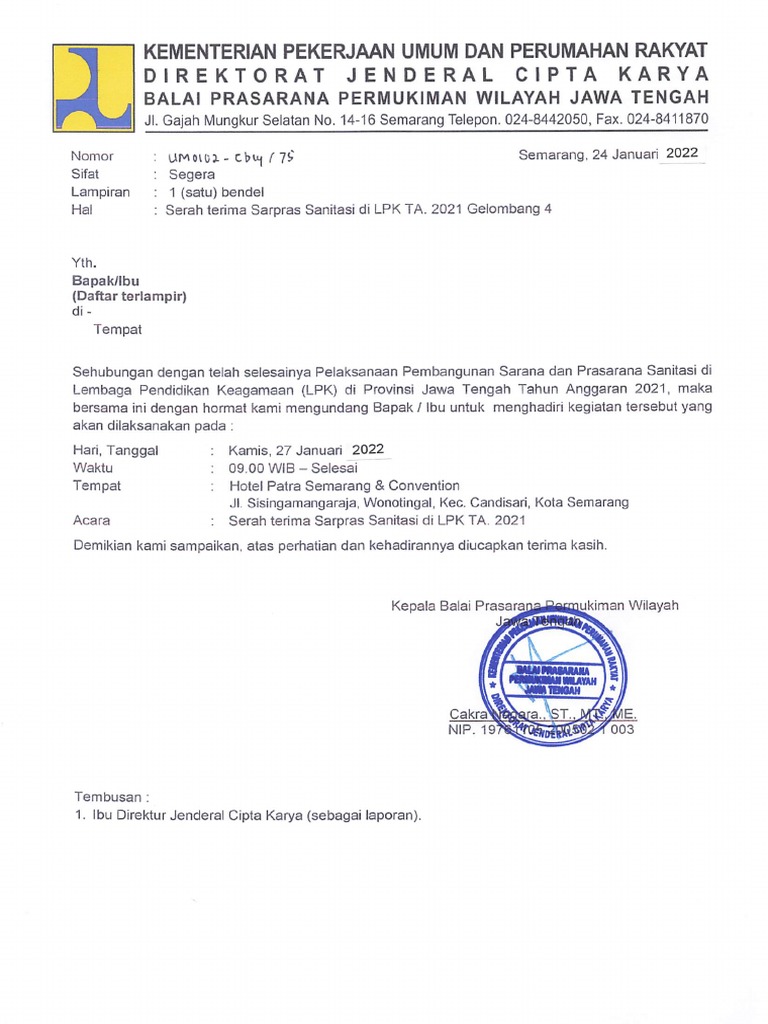 Undangan Penyerahan MCK Pupr | PDF