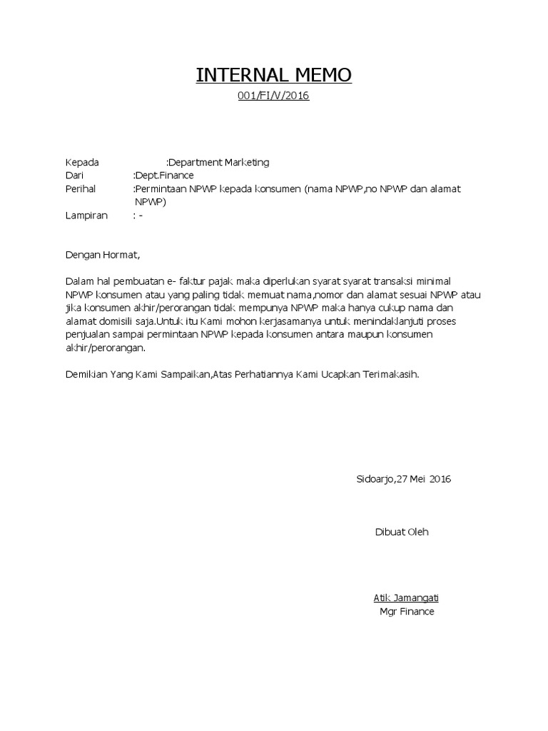 Internal Memo Permintaan NPWP | PDF