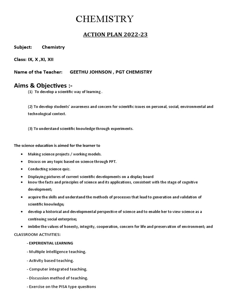Chemistry Action Plan for Class 12 | PDF | Teaching Method | Science