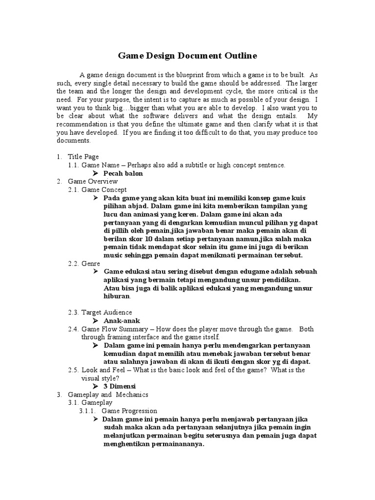 Game Design Document Gdd Pdf 