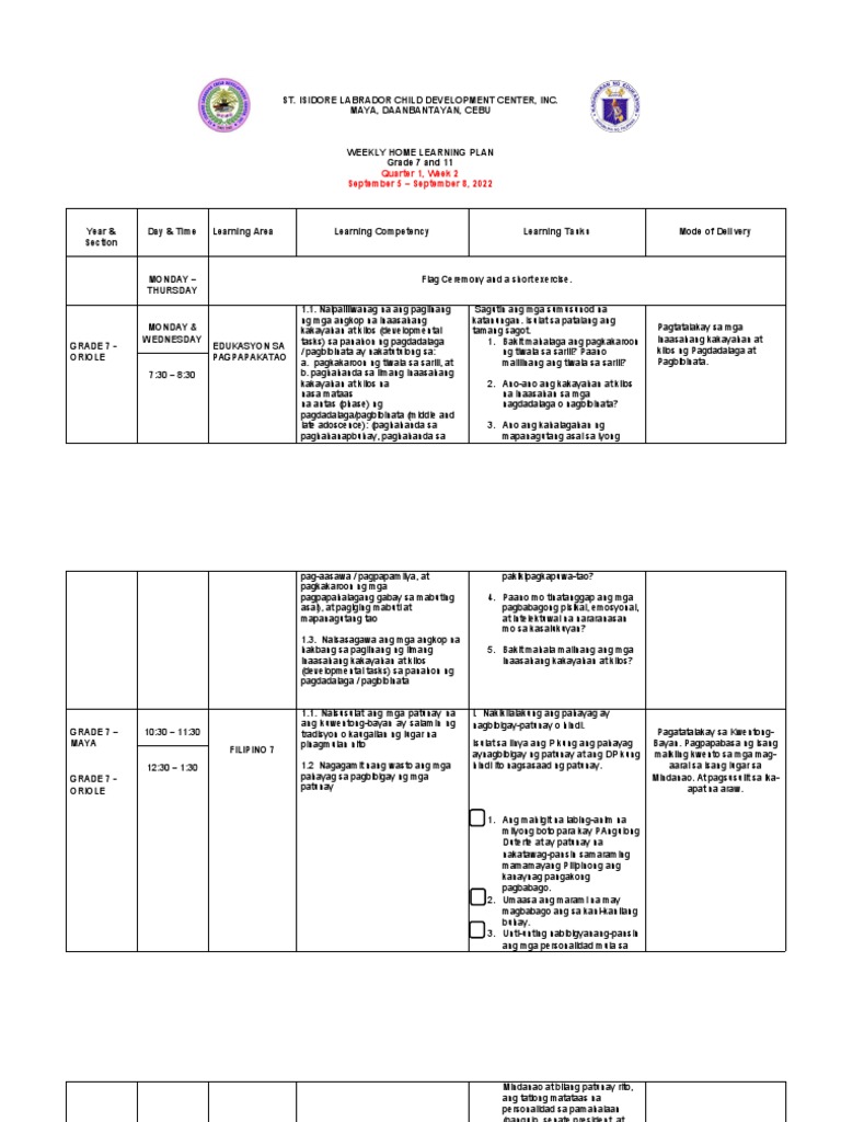 Week 2 Weekly Home Learning Plan | PDF